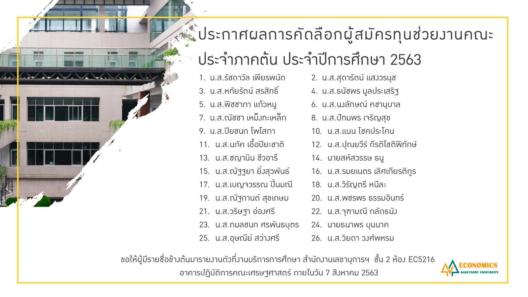 📣📣📣ประกาศผลการคัดเลือกผู้สมัครทุนช่วยงานคณะ ประจำภาคปลาย ประจำปี 2563 – Faculty of Economics